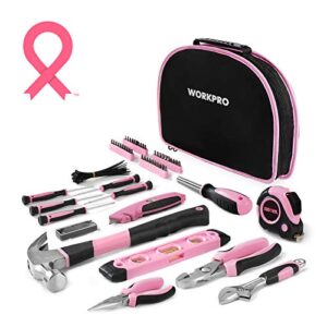 workpro pink tool kit - hand tool set with easy carrying round pouch - durable, long lasting chrome finish tools - household tool kit perfect for diy, home maintenance - pink ribbon