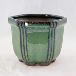 semi-cascade hexagon dark green shohin bonsai pot w/mesh - 4.25"x 4.25"x 3.25"