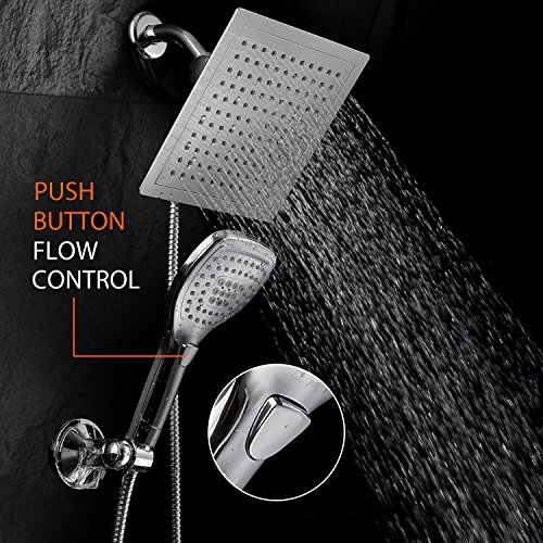 Dream Spa Ultra-Luxury 9" Rainfall Shower Head/Handheld Combo. Convenient Push-Button Flow Control Button for easy one-handed operation. Switch flow settings with the same hand! Premium Chrome