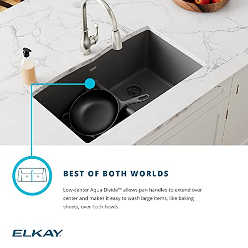 Elkay Quartz Classic ELGULBO3322BK0 Black Offset 60/40 Double Bowl Undermount Sink with Aqua Divide