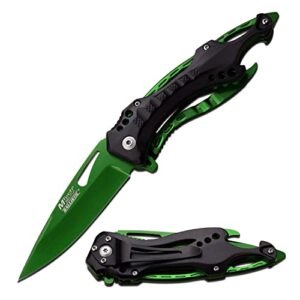 mtech usa – spring assisted folding knife – green electroplated fine edge stainless steel blade, black aluminum handle, pocket clip, tactical, edc, self defense- mt-a705gn