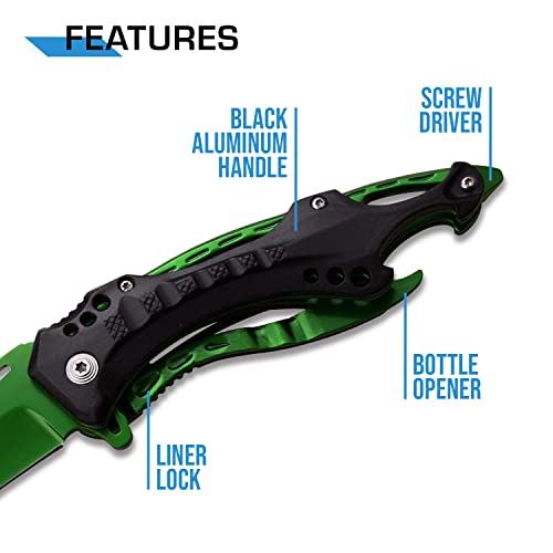 MTech USA – Spring Assisted Folding Knife – Green Electroplated Fine Edge Stainless Steel Blade, Black Aluminum Handle, Pocket Clip, Tactical, EDC, Self Defense- MT-A705GN