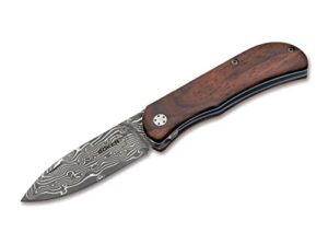 boker plus exskelibur ii folding gentlemen’s pocket knife, damascus steel blade, cocobolo scales, blue anodized titanium liners, titanium pocket clip