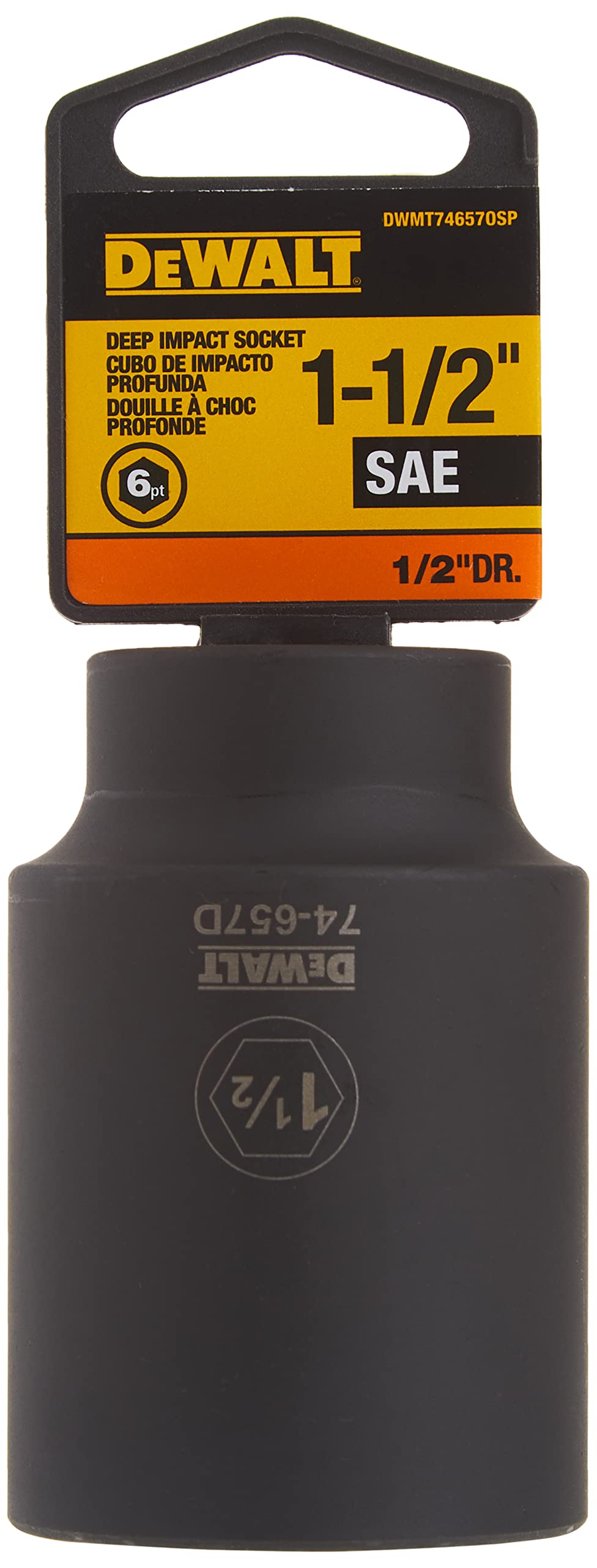 DEWALT Deep Impact Socket, SAE, 1/2-Inch Drive, 1-1/2-Inch, 6-Point (DWMT74657OSP)