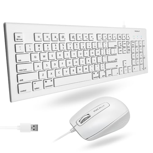 Macally 104 Key USB Wired Keyboard and Mouse Combo with Apple Shortcut Keys for Mac, iMac, Macbook, and Windows PC (MKEYECOMBO), White