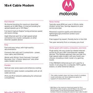 MOTOROLA 16x4 Cable Modem, Model MB7420, 686 Mbps DOCSIS 3.0, Certified by Comcast XFINITY, Charter Spectrum, Time Warner Cable, Cox, BrightHouse, and More