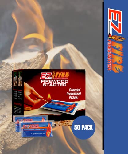 EZ FIRE FIRESTARTER for Fireplace, Campfire, or Grills. Safe, All Purpose, Effective, Waterproof, Windproof Fire Starter Gel Packets for Indoor or Outdoor Use. 50 Pack