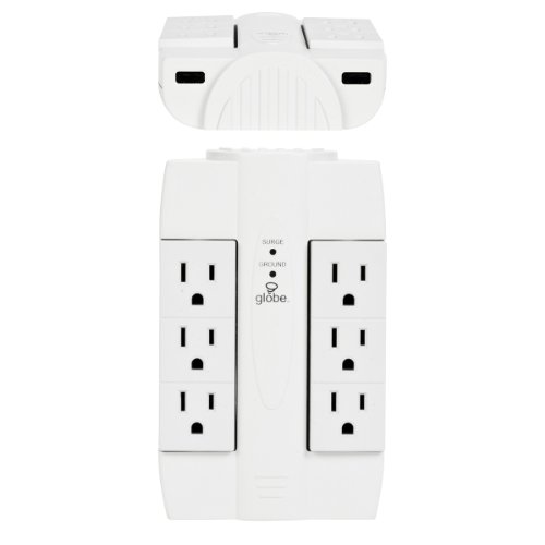 Globe Electric 77864 Space Plug 6-Outlet Swivel Surge Protector Wall Tap, 2x USB Ports, White Finish