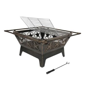 Sunnydaze Northern Galaxy 32-Inch Heavy-Duty Square Fire Pit with Cooking Grill Grate, Spark Screen, and Fireplace Poker