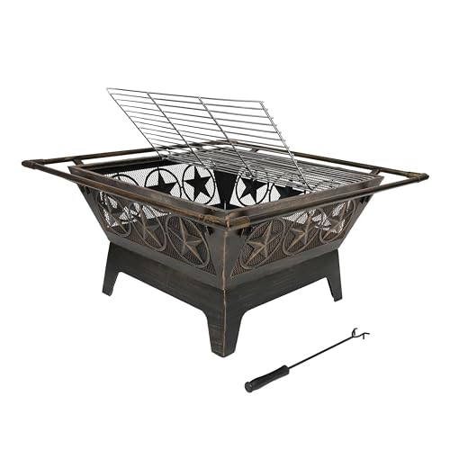 Sunnydaze Northern Galaxy 32-Inch Heavy-Duty Square Fire Pit with Cooking Grill Grate, Spark Screen, and Fireplace Poker