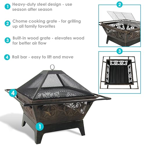 Sunnydaze Northern Galaxy 32-Inch Heavy-Duty Square Fire Pit with Cooking Grill Grate, Spark Screen, and Fireplace Poker