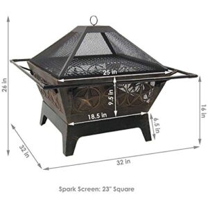 Sunnydaze Northern Galaxy 32-Inch Heavy-Duty Square Fire Pit with Cooking Grill Grate, Spark Screen, and Fireplace Poker