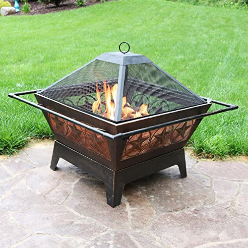 Sunnydaze Northern Galaxy 32-Inch Heavy-Duty Square Fire Pit with Cooking Grill Grate, Spark Screen, and Fireplace Poker