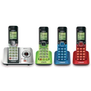 vtech cs6529-4b 4-handset dect 6.0 cordless phone with answering system and caller id, expandable up to 5 handsets, wall-mountable, blue/green/red/silver