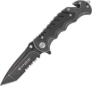 smith & wesson border guard swbg10s 8.3in high carbon s.s. folding knife with 3.5in serrated tanto blade and aluminum handle for outdoor, tactical, survival and edc ,black