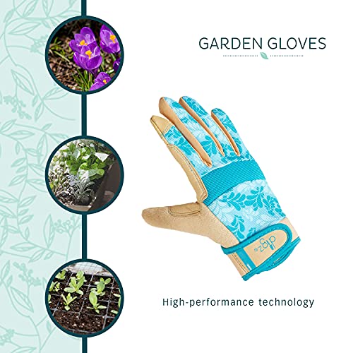 DIGZ 7606-23 High Performance Women's Gardening Gloves, Work Gloves with Touchscreen Compatible Fingertips, Blue Leaves Pattern, Medium, Orange