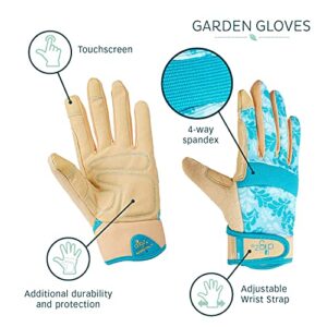 DIGZ 7606-23 High Performance Women's Gardening Gloves, Work Gloves with Touchscreen Compatible Fingertips, Blue Leaves Pattern, Medium, Orange