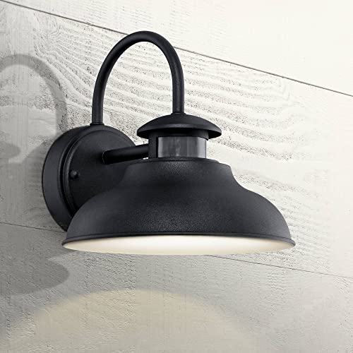 John Timberland Midland Urban Barn Industrial Outdoor Wall Light Fixture LED Black Metal 9" Gooseneck Arm Motion Sensor Dusk to Dawn for House Porch Patio Outside Deck Garage Front Door Garden