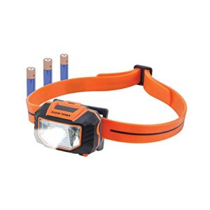 klein tools 56220 led light, hard hat headlamp, flood and spot light tilts 45 degrees, anti-slip strap, for work and outdoor hiking, camping