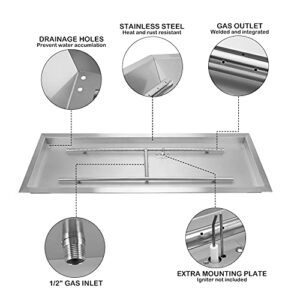 Stanbroil Rectangular Drop-in Fire Pit Pan w/H-Burner Installed, 304 Series SS, 36 by 12-Inch, 150,000 BTU Max