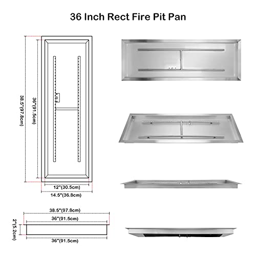 Stanbroil Rectangular Drop-in Fire Pit Pan w/H-Burner Installed, 304 Series SS, 36 by 12-Inch, 150,000 BTU Max