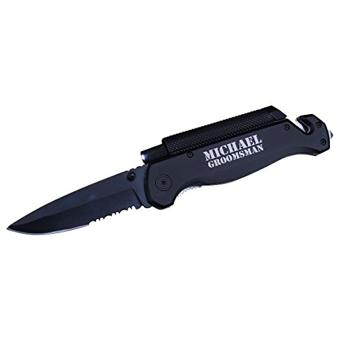 Custom Engraved Survival Rescue Tactical Pocket Knife - Customized Personalized Groomsmen Knife Gifts (Black)