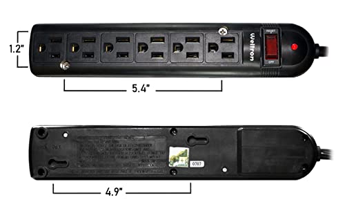 Weltron 6 Outlet Black Surge Protector Power Strip, Wall Mount, 750 Joules, Long 20 Foot Cord Cable