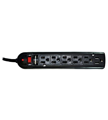 Weltron 6 Outlet Black Surge Protector Power Strip, Wall Mount, 750 Joules, Long 20 Foot Cord Cable