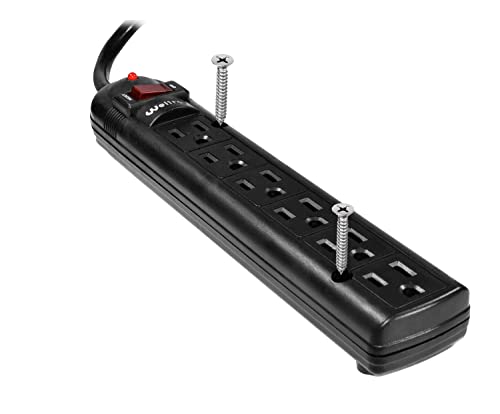 Weltron 6 Outlet Black Surge Protector Power Strip, Wall Mount, 750 Joules, Long 20 Foot Cord Cable