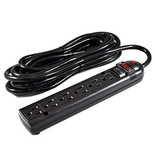 Weltron 6 Outlet Black Surge Protector Power Strip, Wall Mount, 750 Joules, Long 20 Foot Cord Cable