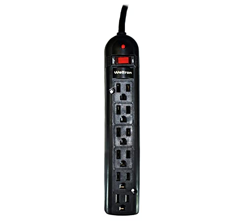 Weltron 6 Outlet Black Surge Protector Power Strip, Wall Mount, 750 Joules, Long 20 Foot Cord Cable