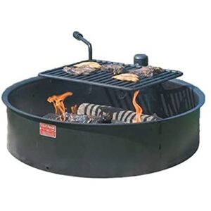 pilot rock 30 inch heavy duty steel ground fire pit ring insert liner and metal cooking grate for grilling, camping, and backyard bonfires, black