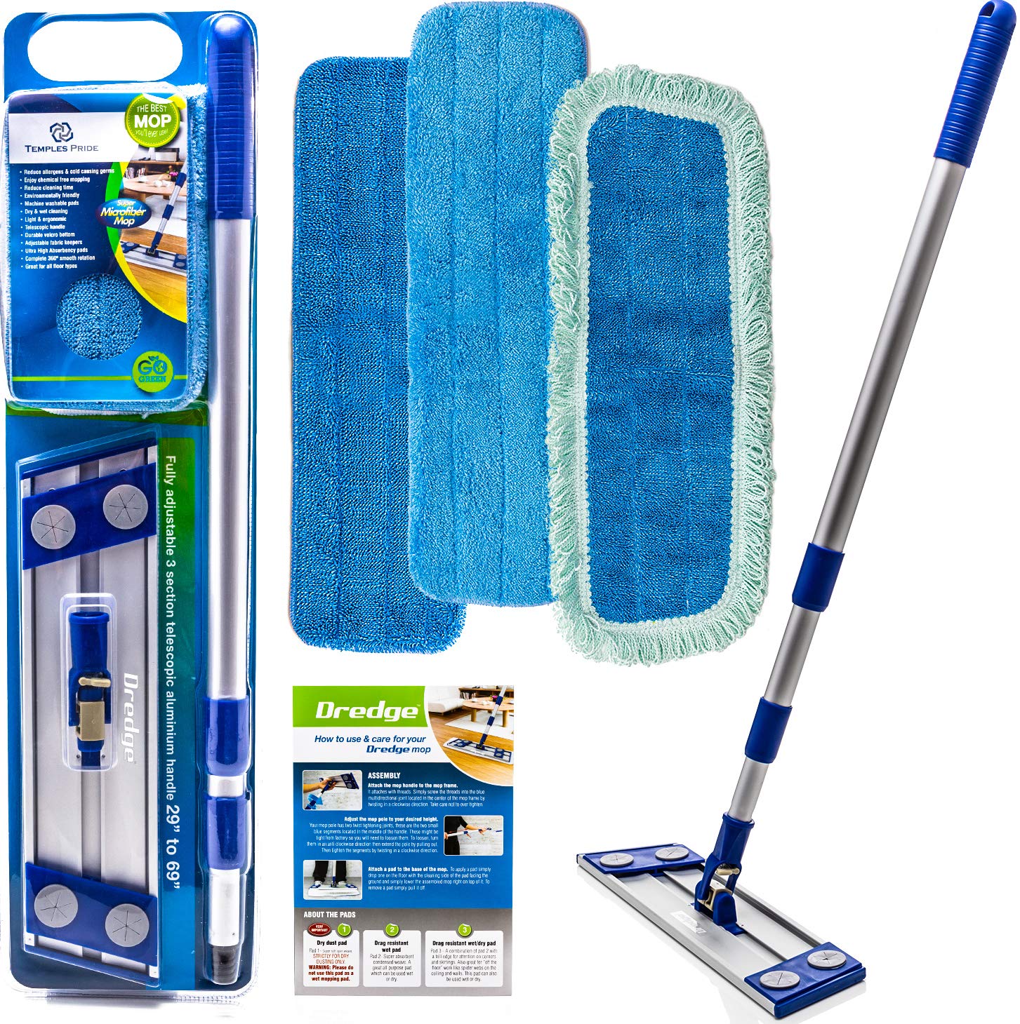 Professional Dredge Microfiber Flat Mop System for Hardwood Tile Laminate & Vinyl Floors with 3 Washable Wet Dry Dust Cleaning Pads - Good for Kitchen & Bathroom Too - Extendable & Collapsible Handle