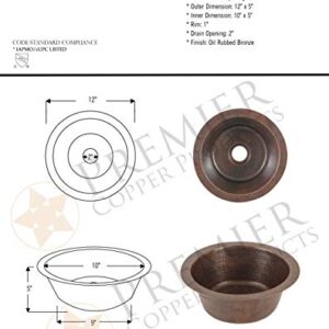 Premier Copper Products BR12DB2 12-inch Round Hammered Copper Bar Sink with 2-inch Drain Opening