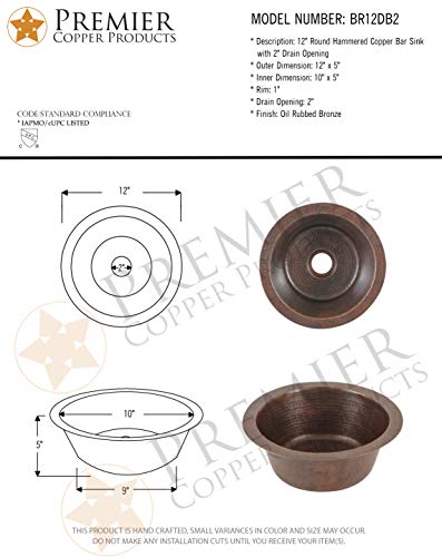 Premier Copper Products BR12DB2 12-inch Round Hammered Copper Bar Sink with 2-inch Drain Opening