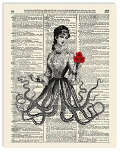 victorian octopus lady vintage dictionary art print, antique wall art home decor, modern boho poster, farmhouse decoration living room bedroom office 8x10 inches, ready to frame