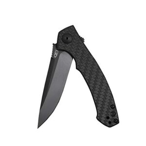 zero tolerance 0450cf; folding knife with 3.25” dlc-coated s35vn stainless steel blade, all-black carbon fiber and titanium handle scales, kvt ball-bearing opening, frame lock, pocketclip; 2.45 oz.