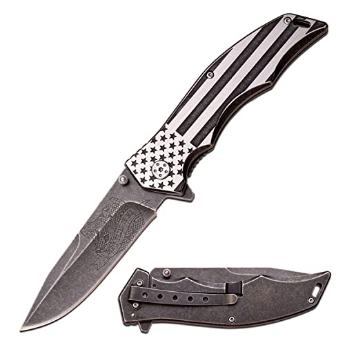 MTech USA Xtreme – Spring Assisted Folding Knife – Stonewashed Finish Fine Edge Blade w/ Don’t Tread on Me Snake Etching, Two-Tone American Flag Stainless Steel Handle, EDC, Tactical – MX-A849AS