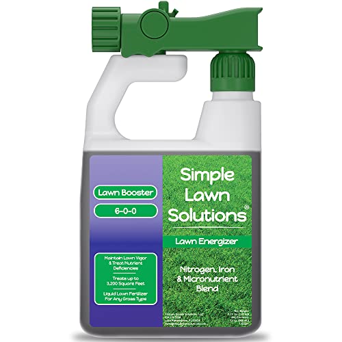 Commercial Grade Lawn Energizer- Liquid Fertilizer Booster with Iron & Nitrogen- Turf Spray Concentrated Fertilizer for Deeper Green- Any Grass Type, All Year- Simple Lawn Solutions- 32 Ounce