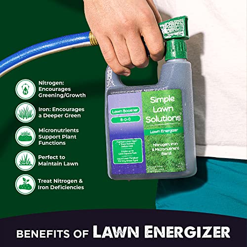 Commercial Grade Lawn Energizer- Liquid Fertilizer Booster with Iron & Nitrogen- Turf Spray Concentrated Fertilizer for Deeper Green- Any Grass Type, All Year- Simple Lawn Solutions- 32 Ounce