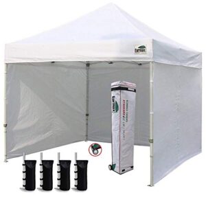 eurmax usa 10'x10' ez pop-up canopy tent commercial instant canopies with 4 removable zipper end side walls and roller bag, bonus 4 sandbags(white)