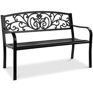 best choice products outdoor bench steel garden patio porch furniture for lawn, park, deck w/floral design backrest, slatted seat - black