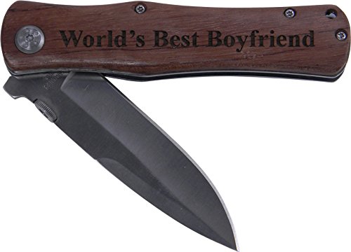 CustomGiftsNow World's Best Boyfriend Folding Stainless Steel Pocket Knife, (Wood Handle