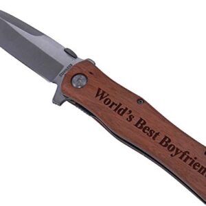 CustomGiftsNow World's Best Boyfriend Folding Stainless Steel Pocket Knife, (Wood Handle