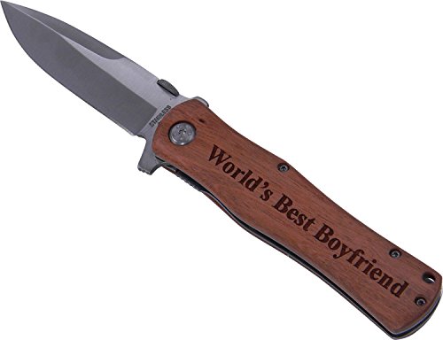 CustomGiftsNow World's Best Boyfriend Folding Stainless Steel Pocket Knife, (Wood Handle