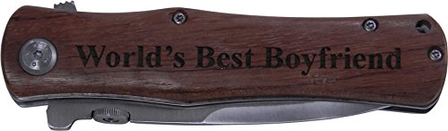 CustomGiftsNow World's Best Boyfriend Folding Stainless Steel Pocket Knife, (Wood Handle