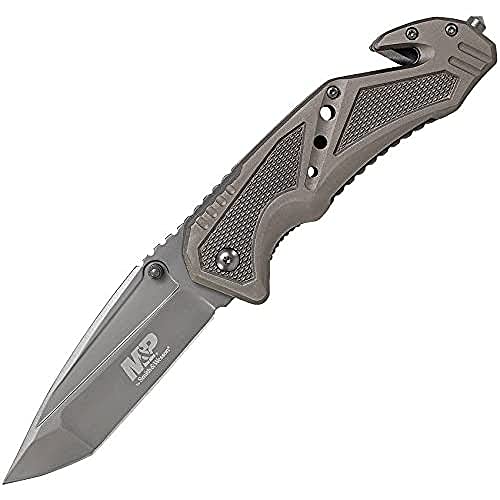 Smith & Wesson M&P SWMP11G 8.9in High Carbon S.S. Folding Knife with 3.8in Tanto Point Blade and Aluminum Handle for Outdoor, Tactical, Survival and EDC,Silver