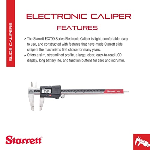 Starrett Stainless Steel Electronic Slide Caliper - 0-8" Range, 0005" Resolution, LCD Display, Fine Adjustment Thumb Wheel, in/mm Conversion - EC799A-8/200