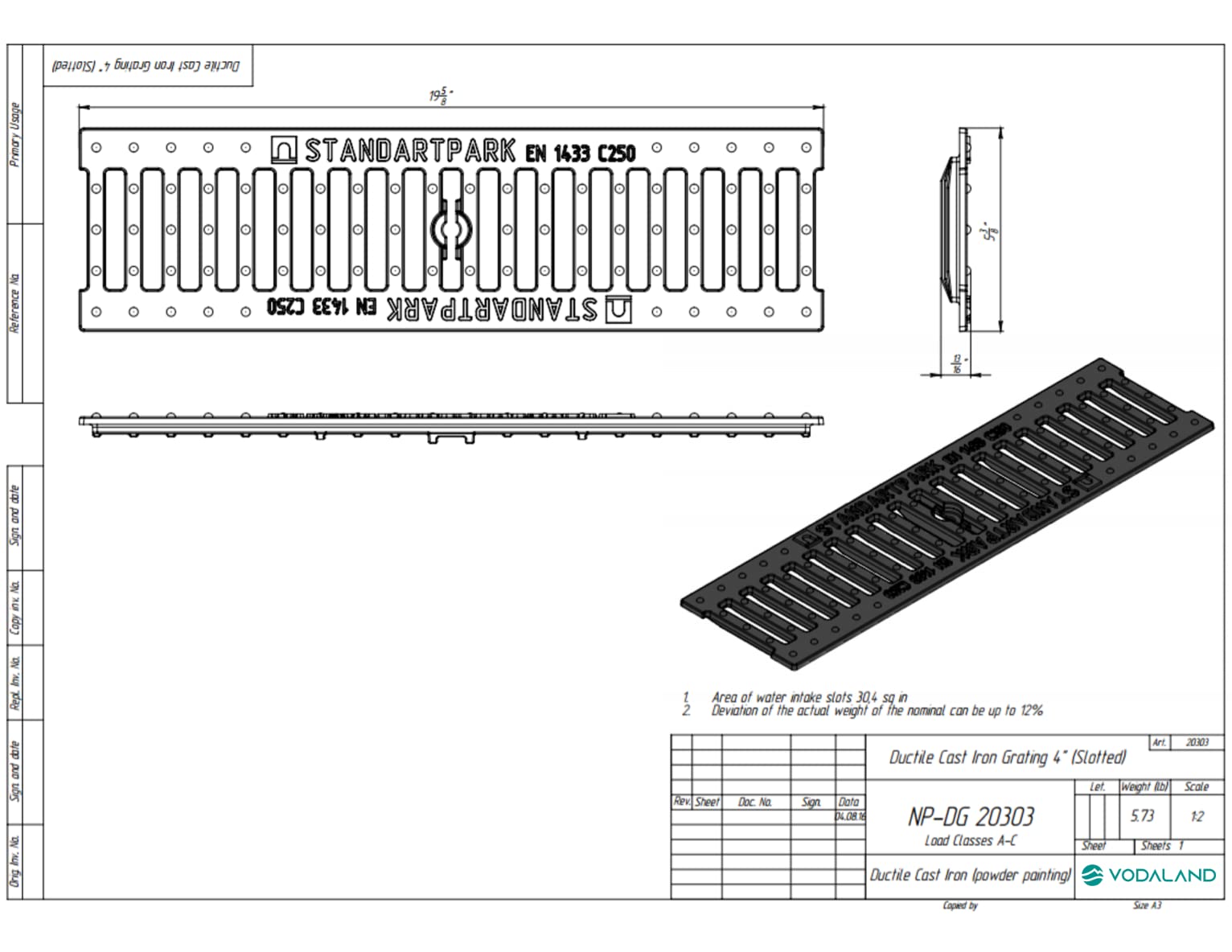 Vodaland - 4 inch Trench Drain cast Iron Package Slotted - 4.8" Depth - PC8020