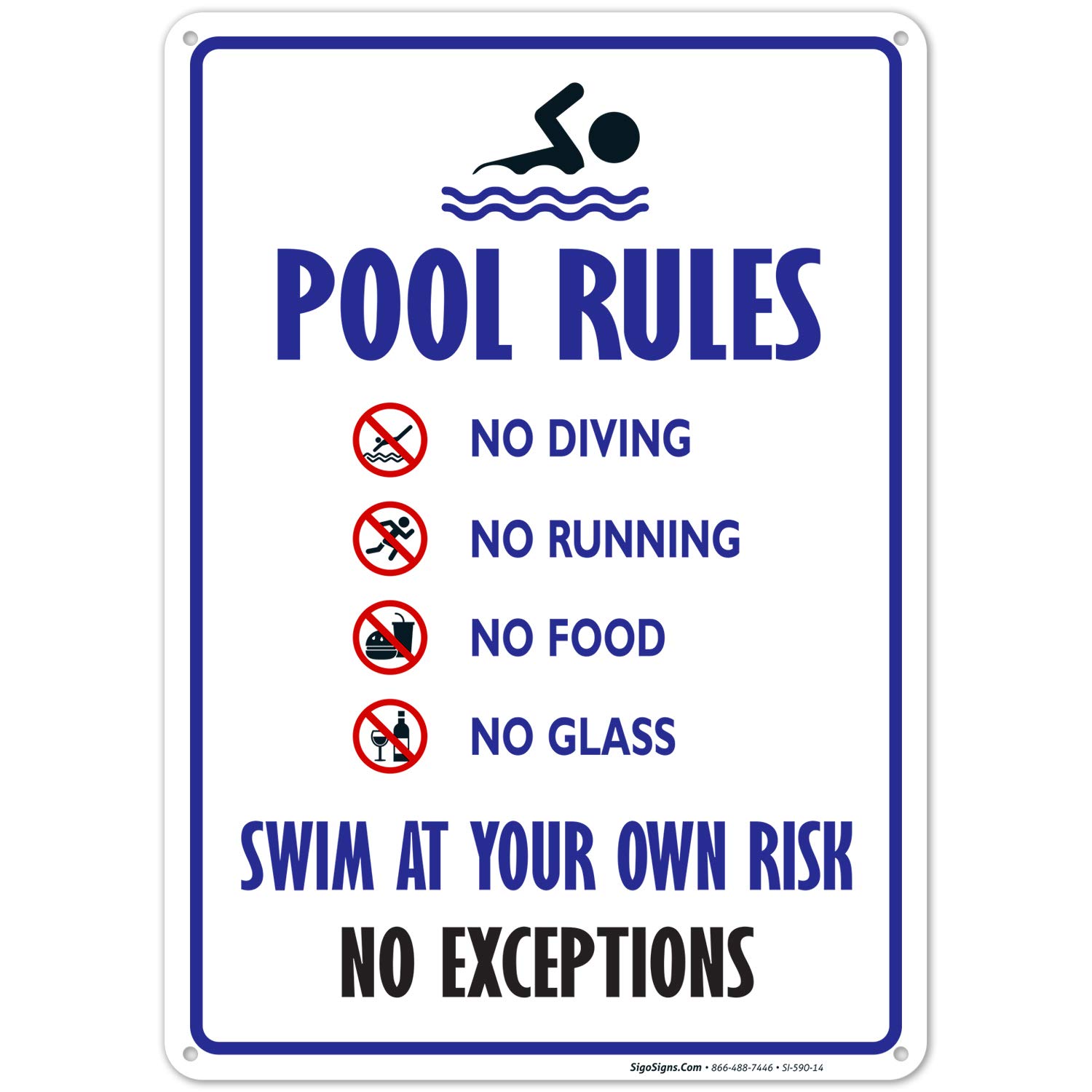 Pool Rules Sign, No Diving No Running No Food No Glass, 10x14 Inches, Rust Free .040 Aluminum, Fade Resistant, Made in USA by Sigo Signs